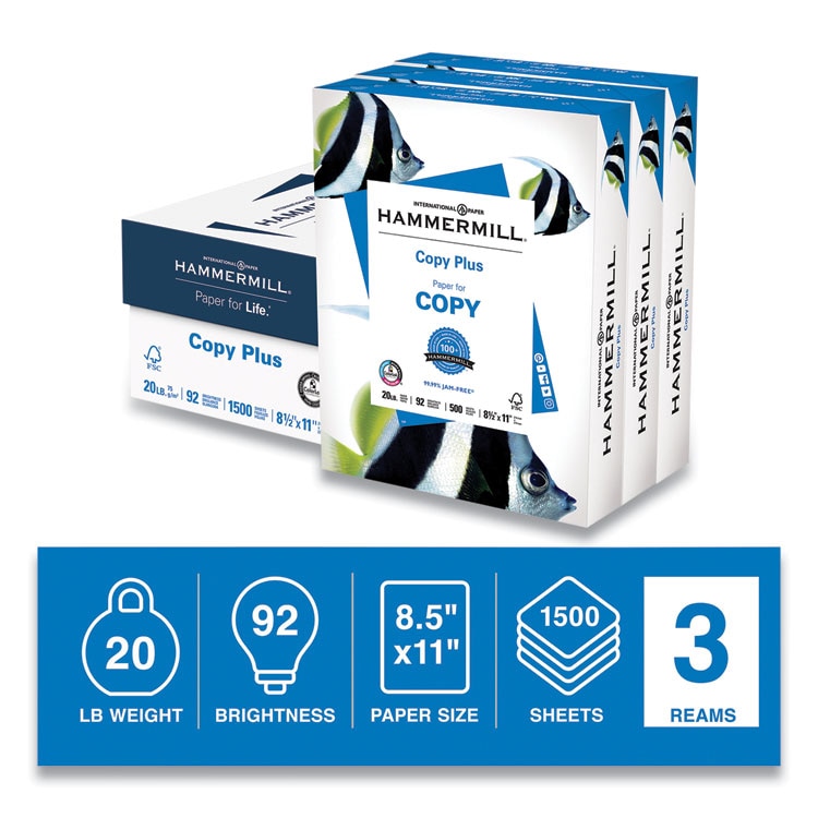 Hammermill® Copy Plus Print Paper, 92 Bright, 20 lb, 8.5 x 11, White, 500 Sheets/Ream, 3 Ream at OSI