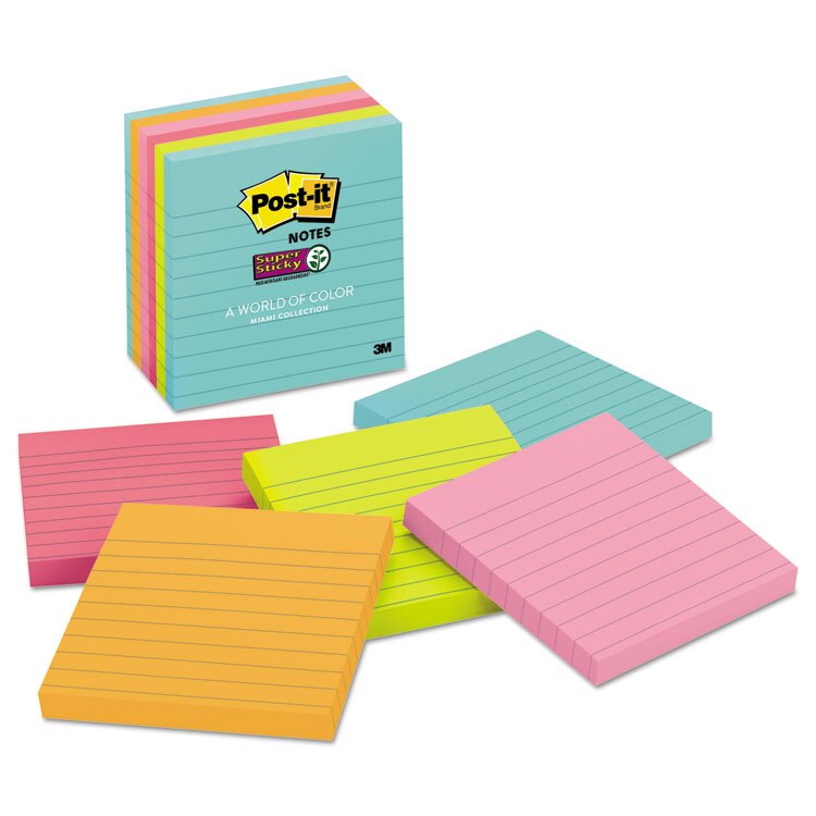Post-it® Notes Super Sticky Pads in Miami Colors, Lined, 4 x 4, 90/Pad ...