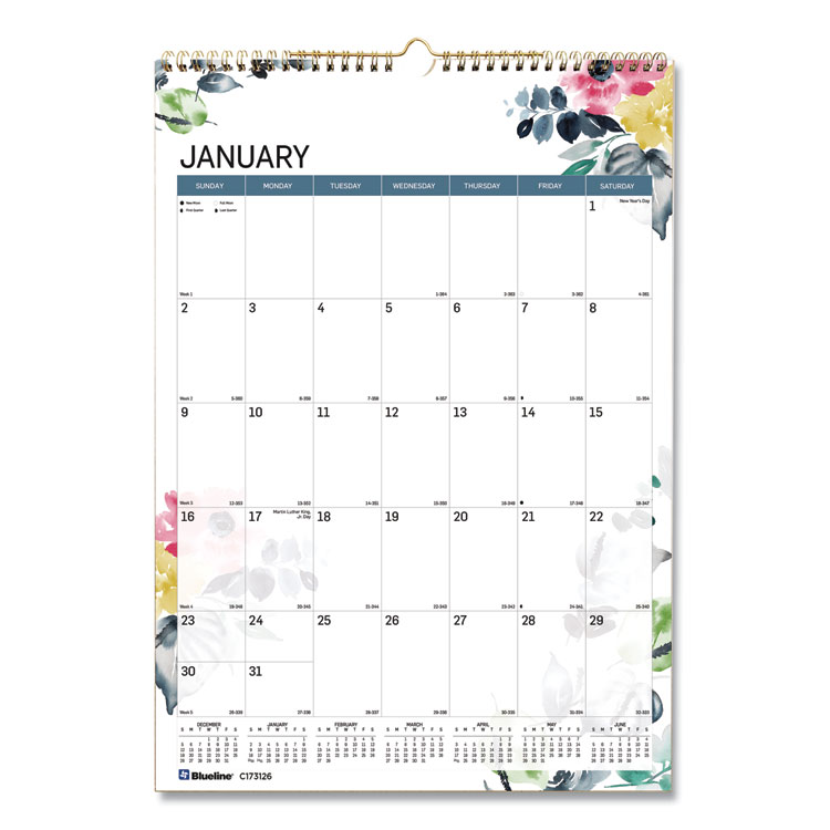 Blueline® 12-Month Colorful Wall Calendar, Watercolor Floral Artwork ...