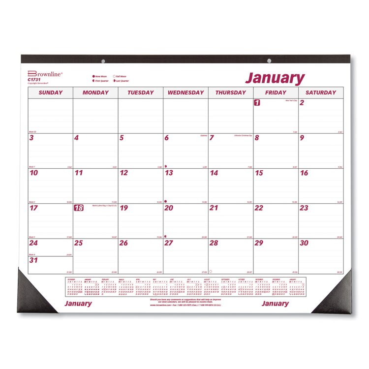 Brownline® Monthly Desk Pad Calendar, 22 x 17, White/Burgundy Sheets ...