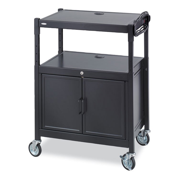 Safco® Steel Adjustable AV Cart w/Cabinet, Metal, 3 Shelf, 6 AC Outlets ...