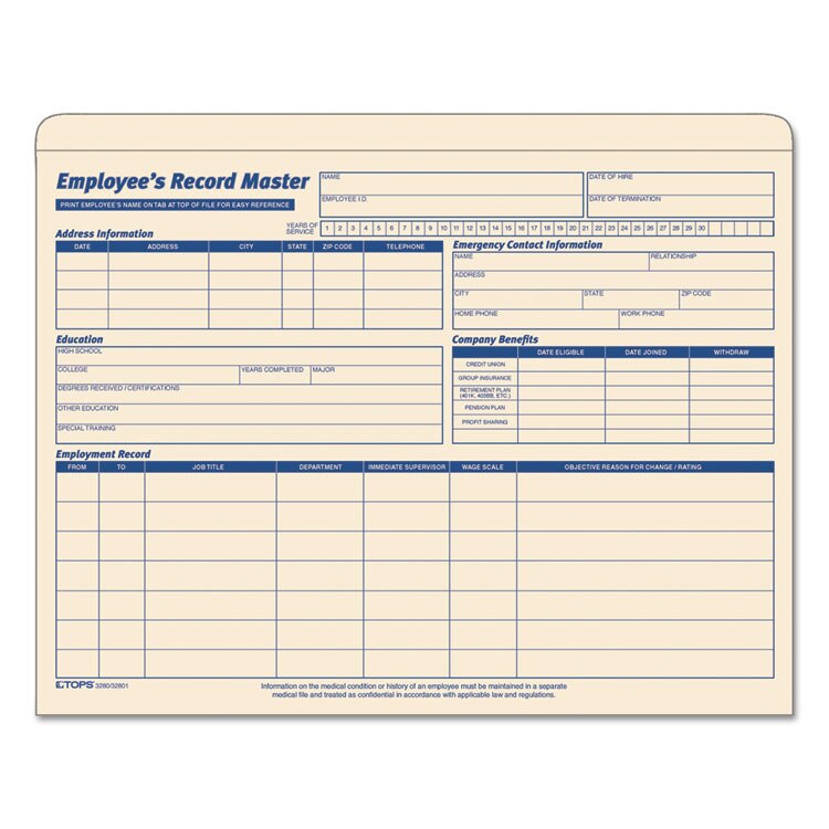TOPS™ Employee Record Master File Jacket, Straight Tab, Letter Size ...
