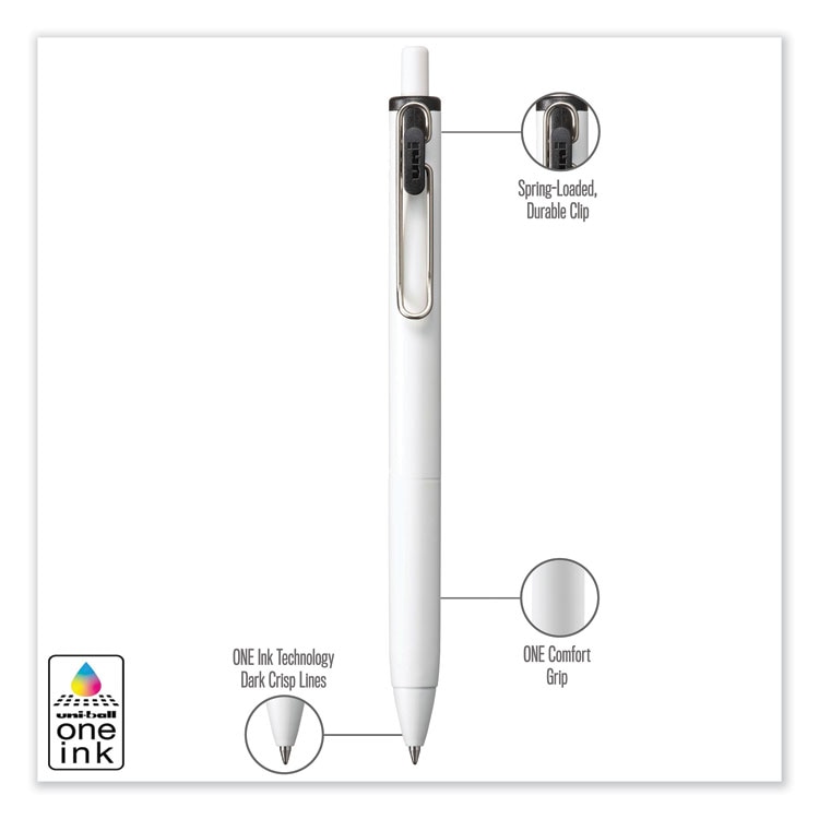 uniball® uniONE Gel Pen, Retractable, Medium 0.7 mm, Black Ink, White ...