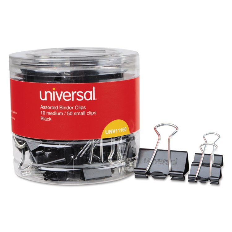 Universal® Binder Clips in Dispenser Tub, Assorted Sizes, Black/Silver ...